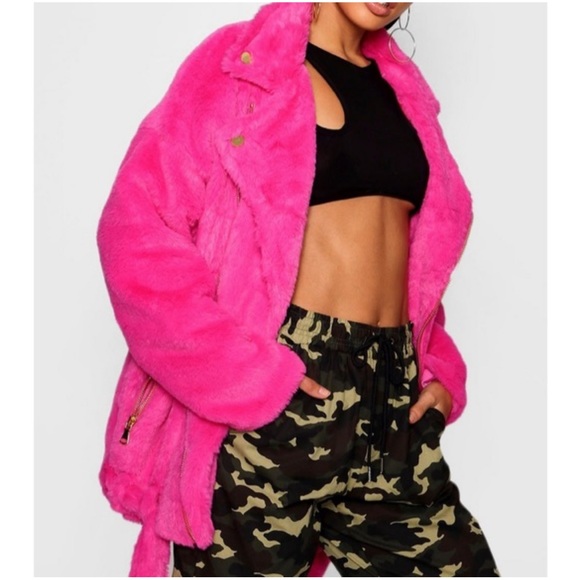 Boohoo | Jackets & Coats | Hot Pink Faux Fur Aviator Jacket | Poshmark